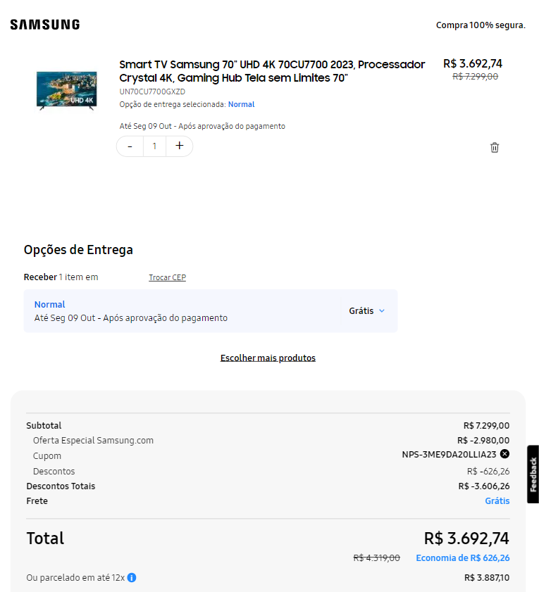 Smart TV Samsung 70" UHD 4K 70CU7700 2023, Processador Crystal 4K ...