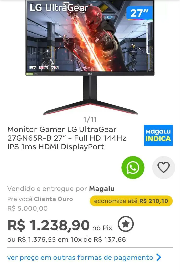 Monitor Gamer LG UltraGear 27GN65R-B 27” - Full HD 144Hz IPS 1ms HDMI DisplayPort [APP + CLIENTE ...