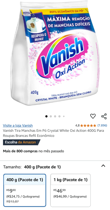 Vanish Tira Manchas Em Pó Crystal White Oxi Action 400G Para Roupas ...
