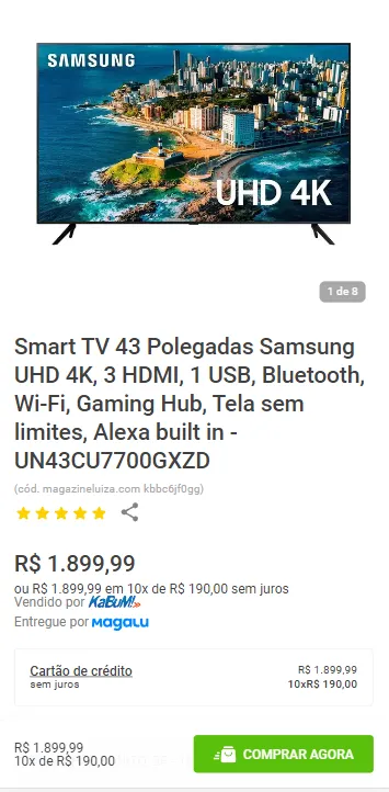 [PARCELADO] Smart TV 43 Polegadas Samsung UHD 4K, 3 HDMI, Gaming Hub, 1 USB, Bluetooth, Wi-Fi ...