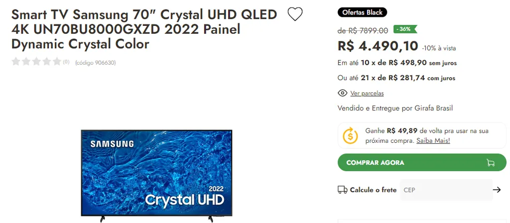 Smart TV Samsung 70" Crystal UHD QLED 4K UN70BU8000GXZD 2022 Painel ...
