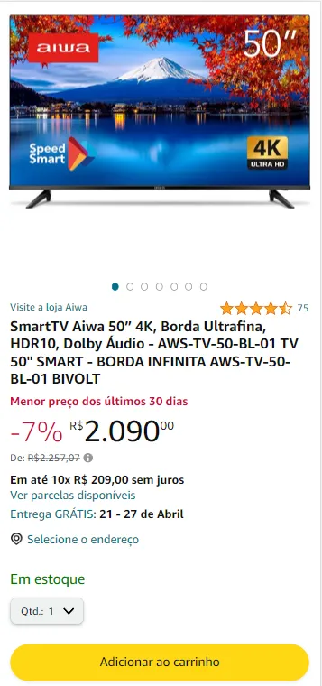 SmartTV Aiwa 50” 4K, Borda Ultrafina, HDR10, Dolby Áudio - AWS-TV-50-BL ...