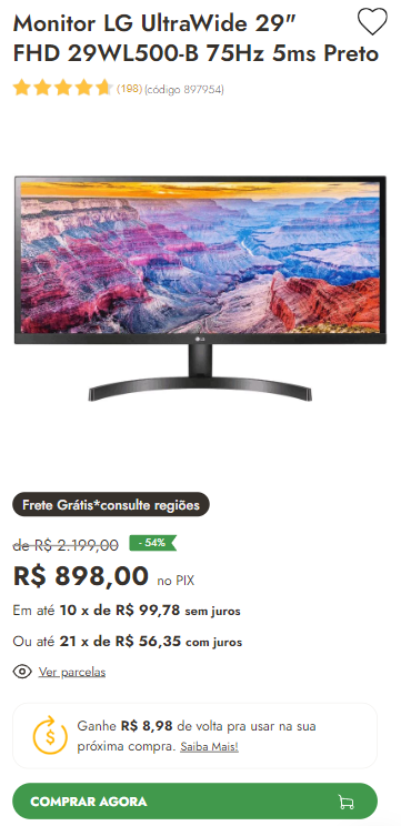 Monitor LG UltraWide 29" FHD 29WL500-B 75Hz 5ms Preto - Canaltech Ofertas