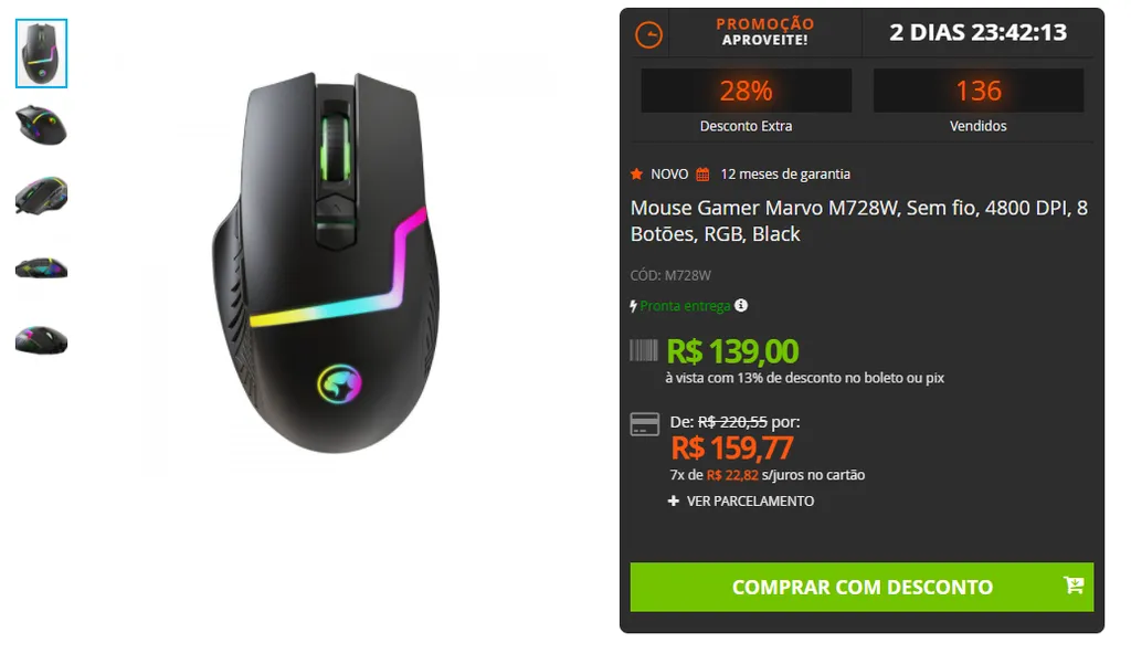 Mouse Gamer Marvo M728W, Sem fio, 4800 DPI, 8 Botões, RGB, Black ...