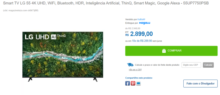 Smart TV LG 55 4K UHD, WiFi, Bluetooth, HDR, Inteligência Artificial ...