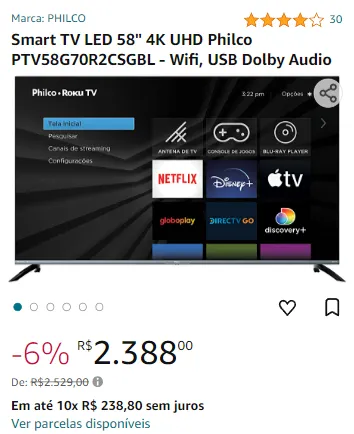 Smart TV LED 58" 4K UHD Philco PTV58G70R2CSGBL - Wifi, USB Dolby Audio - Canaltech Ofertas