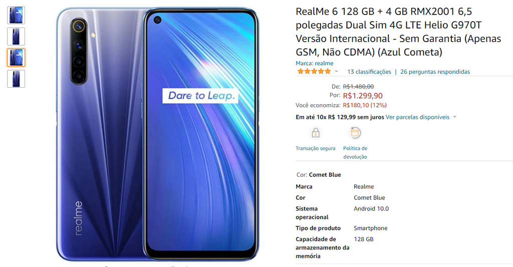 Smartphone RealMe 6 128 GB + 4 GB RMX2001 6,5 polegadas Dual Sim 4G ...