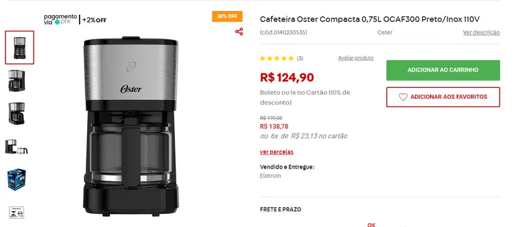 Cafeteira Oster Compacta 0,75L OCAF300 Preto/Inox 110V - Canaltech Ofertas