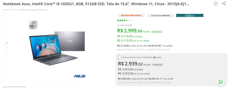 Notebook Asus, Intel Core i5 1035G1, 8GB, 512GB SSD, Tela de 15,6", Windows11, Cinza - X515JA ...