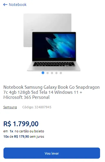 Notebook Samsung Galaxy Book Go Snapdragon 7c 4gb 128gb Ssd Tela 14 ...