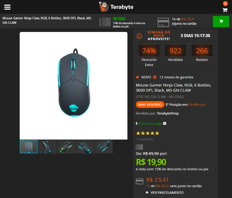 Mouse Gamer Ninja Claw, RGB, 6 Botões, 3600 DPI, Black, MS-GN-CLAW ...