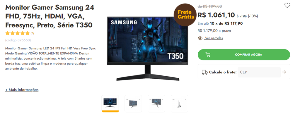 Monitor Gamer Samsung 24 FHD, 75Hz, HDMI, VGA, Freesync, Preto, Série ...