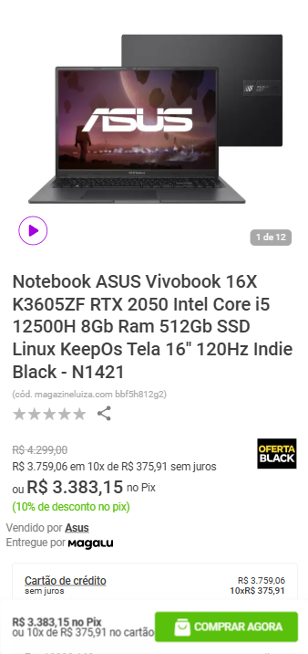 Notebook ASUS Vivobook 16X K3605ZF Tela 16'' 120Hz Intel Core i5 12500H ...