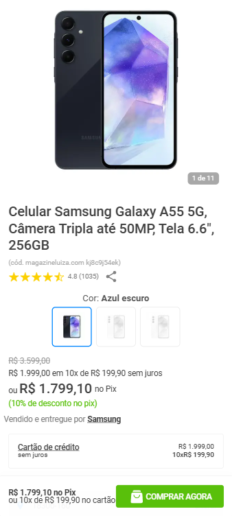 Celular Samsung Galaxy A55 5G, 8GB, 256GB - Canaltech Ofertas