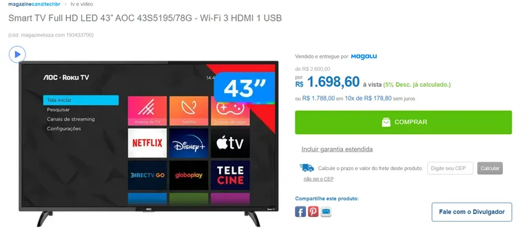 Smart TV Full HD LED 43” AOC 43S5195/78G - Wi-Fi 3 HDMI 1 USB - Canaltech Ofertas