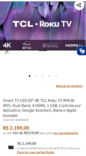 Smart TV LED 50" 4K TCL Roku TV RP630 WiFi, Dual Band, 4 HDMI, 1 USB ...