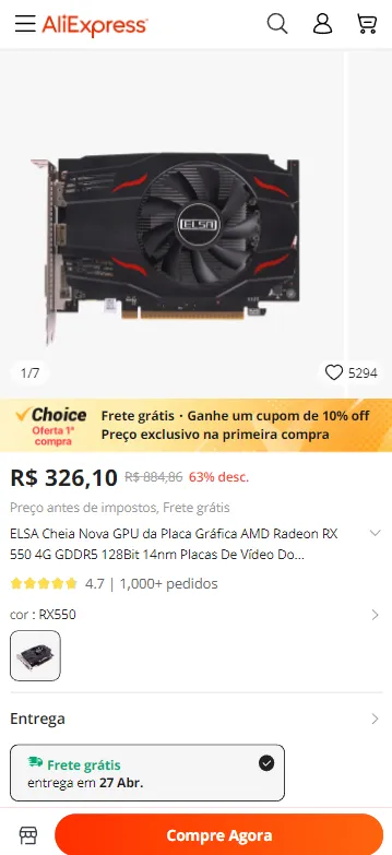 Placa de Vídeo Radeon RX 550 4G ELSA [INTERNACIONAL] - Canaltech Ofertas