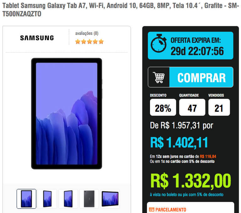 Tablet Samsung Galaxy Tab A7, Wi-Fi, Android 10, 64GB, 8MP, Tela 10.4 ...