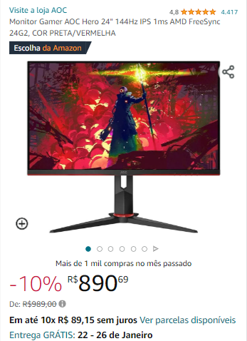 [PARCELADO] Monitor Gamer AOC Hero 24" 144Hz IPS 1ms AMD FreeSync 24G2 ...