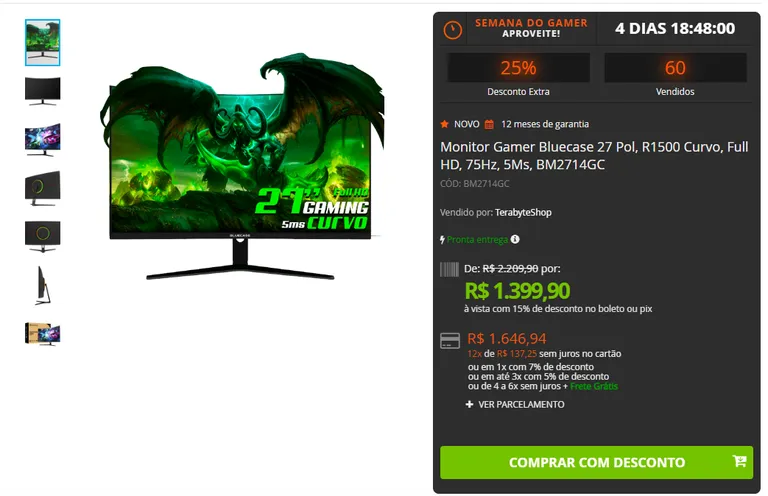 Monitor Gamer Bluecase 27 Pol, R1500 Curvo, Full HD, 75Hz, 5Ms ...