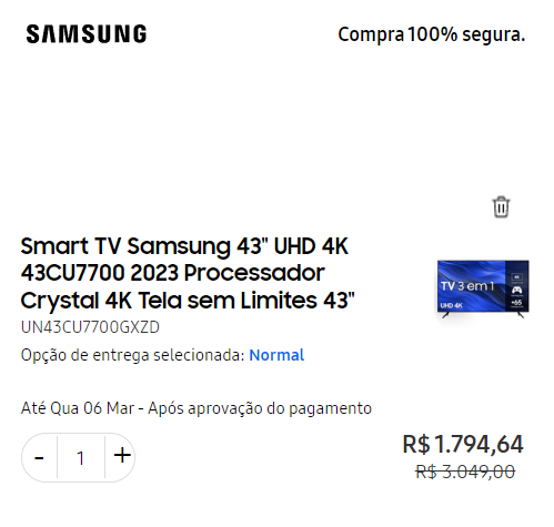 Smart TV Samsung 43" UHD 4K 43CU7700 2023 | CUPOM - Canaltech Ofertas