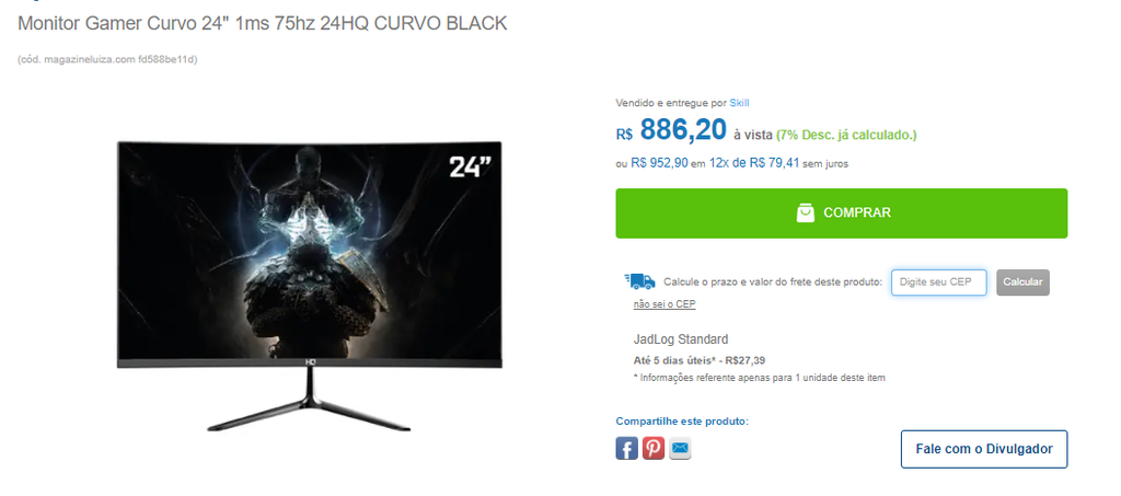 Monitor Gamer Curvo 24" 1ms 75hz 24HQ CURVO BLACK - Canaltech Ofertas