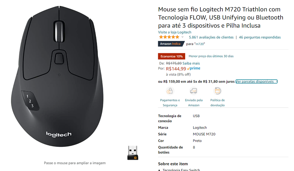 Mouse sem fio Logitech M720 Triathlon com Tecnologia FLOW, USB Unifying ...