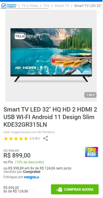 Smart TV LED 32" HQ HD 2 HDMI 2 USB WI-FI Android 11 Design Slim ...