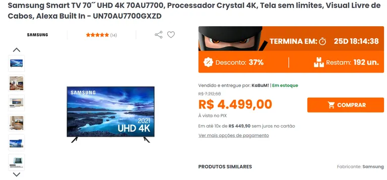 Samsung Smart TV 70´´ UHD 4K 70AU7700, Processador Crystal 4K, Tela sem ...