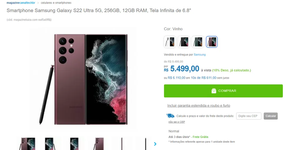 Smartphone Samsung Galaxy S22 Ultra 5G, 256GB, 12GB RAM, Tela Infinita ...
