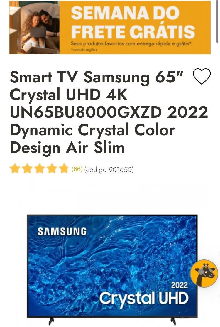 Smart TV Samsung 65" Crystal UHD 4K UN65BU8000GXZD 2022 Dynamic Crystal Color Design Air Slim ...