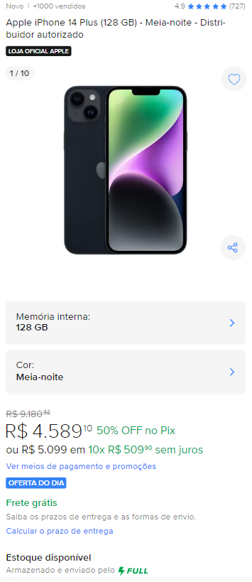 Apple iPhone 14 Plus (128 GB) - Meia-noite [PIX] - Canaltech Ofertas