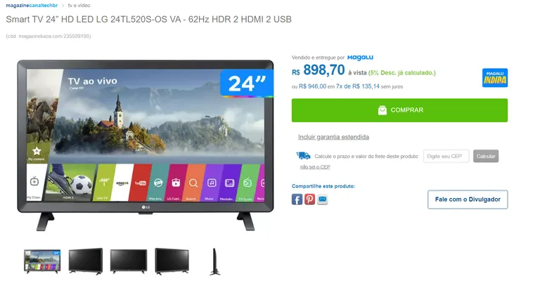 Smart TV 24” HD LED LG 24TL520S-OS VA - 62Hz HDR 2 HDMI 2 USB ...