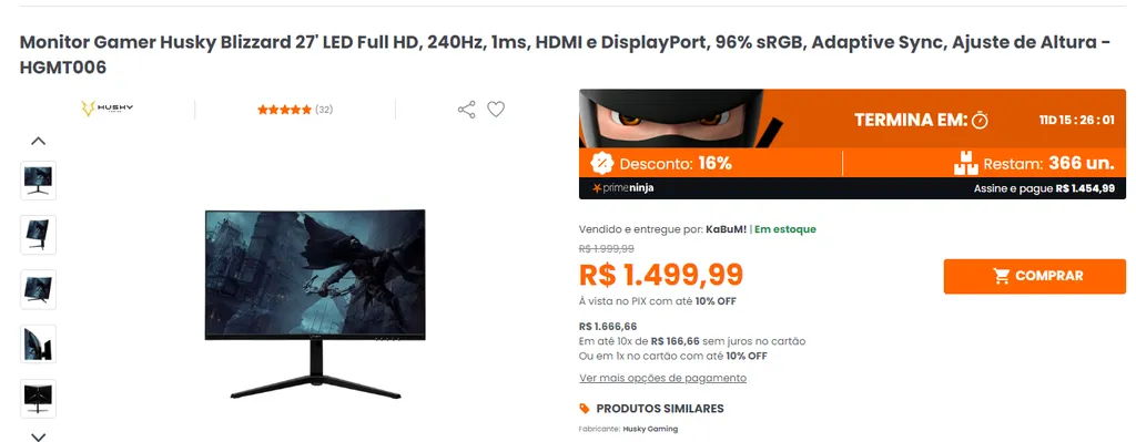Monitor Gamer Husky Blizzard 27' LED Full HD, 240Hz, 1ms, HDMI e ...