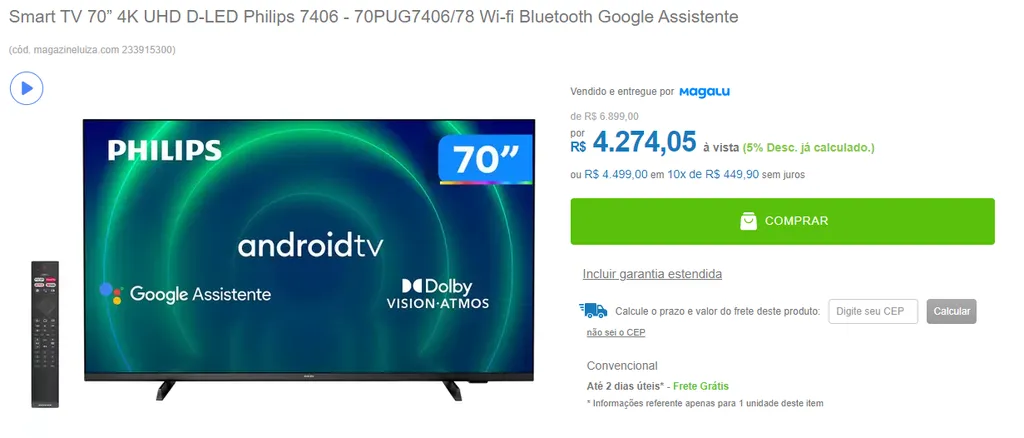 Smart TV 70” 4K UHD D-LED Philips 7406 - 70PUG7406/78 Wi-fi Bluetooth ...