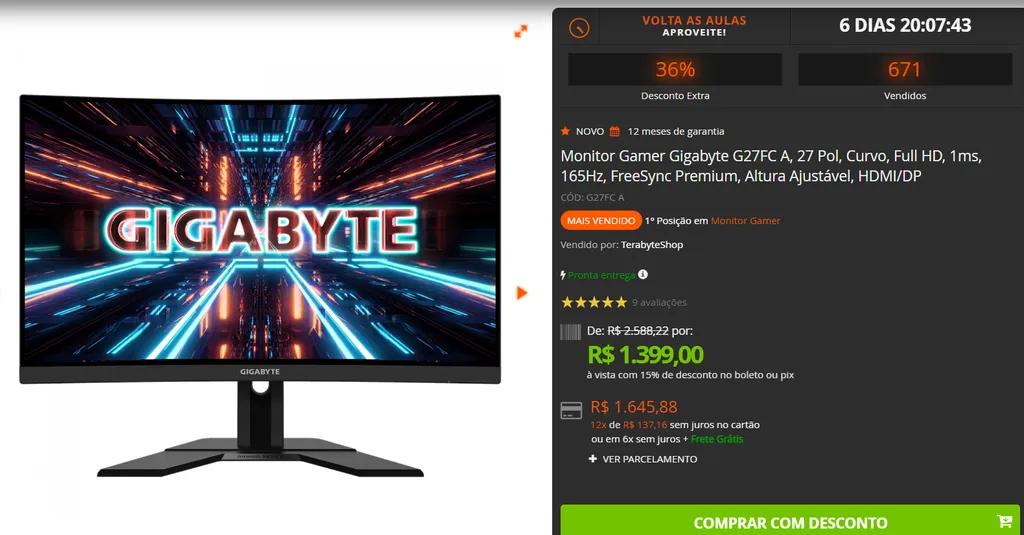 Monitor Gamer Gigabyte G27FC A, 27 Pol, Curvo, Full HD, 1ms, 165Hz ...