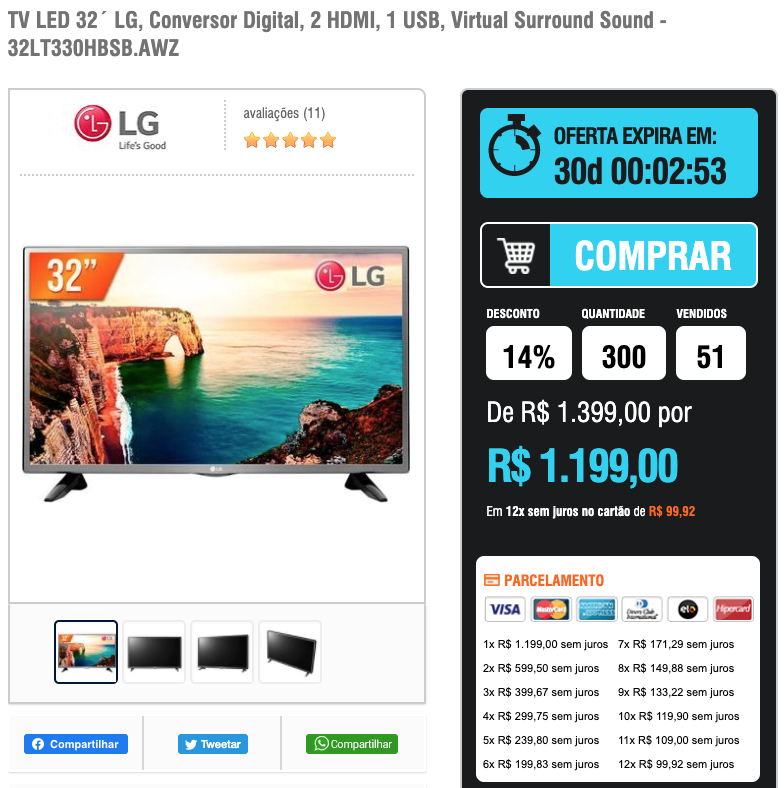 TV LED 32´ LG, Conversor Digital, 2 HDMI, 1 USB, Virtual Surround Sound ...