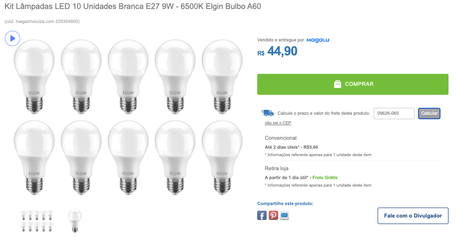 Kit Lâmpadas LED 10 Unidades Branca E27 9W - 6500K Elgin Bulbo A60 - Canaltech Ofertas