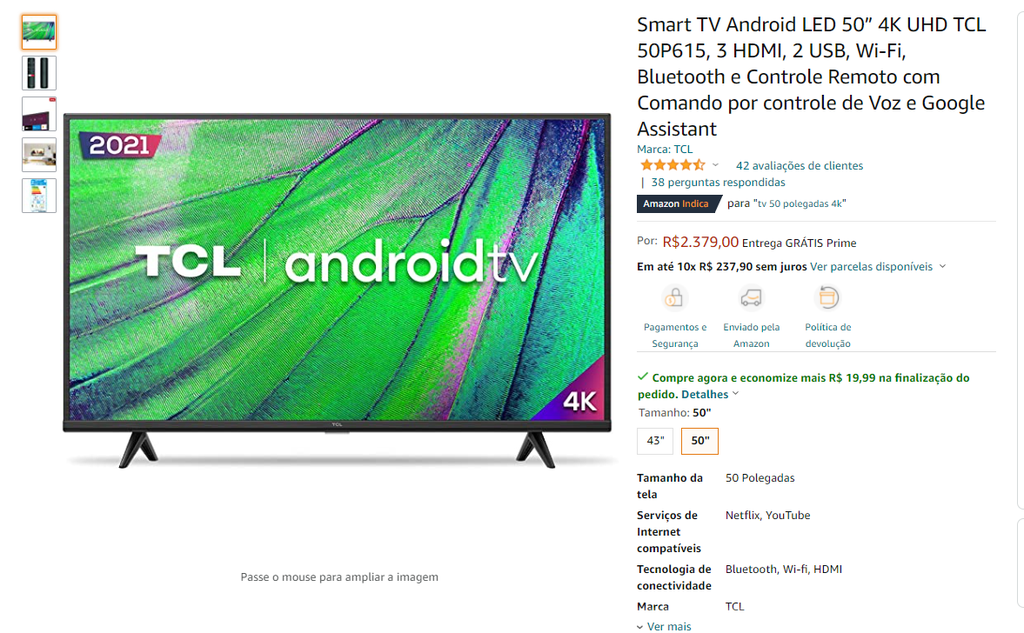 Smart TV Android LED 50” 4K UHD TCL 50P615, 3 HDMI, 2 USB, Wi-Fi ...