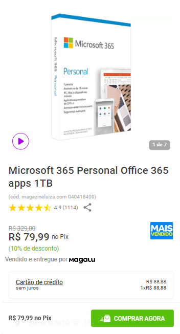 Microsoft 365 Personal Office 365 apps 1TB - 1 Usuário Assinatura Anual - Canaltech Ofertas