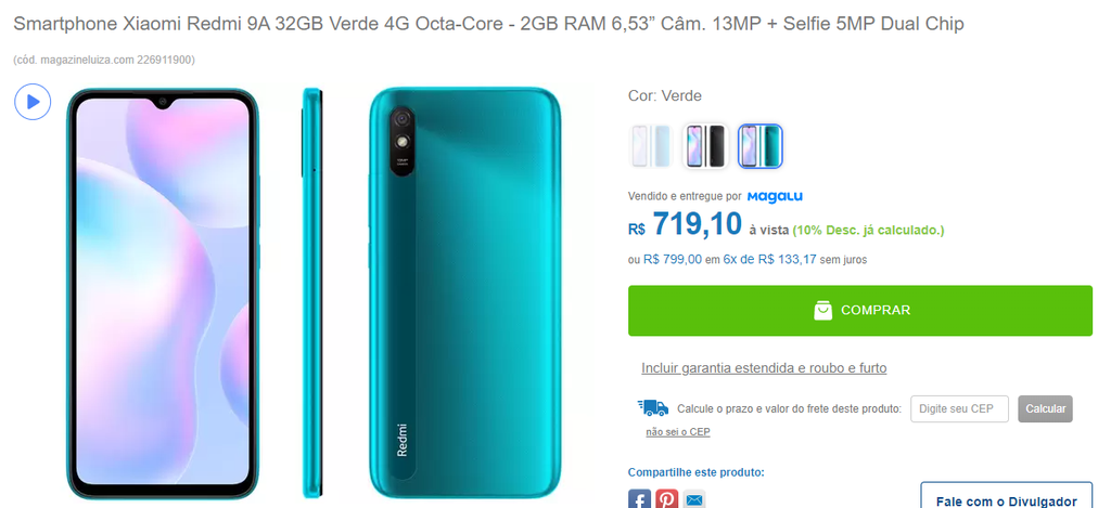 Smartphone Xiaomi Redmi 9a 32gb Verde 4g Octa Core 2gb Ram 6 53” Câm
