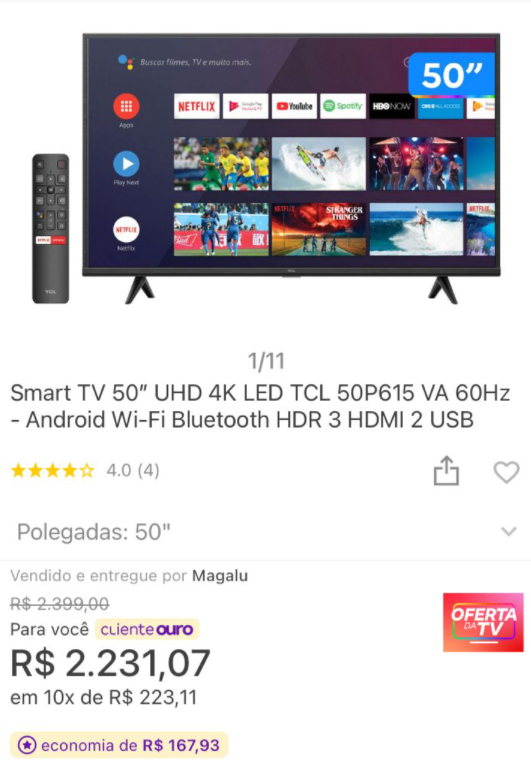 Smart TV 50” UHD 4K LED TCL 50P615 VA 60Hz - Android Wi-Fi Bluetooth ...