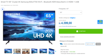 Smart TV 65” Crystal 4K Samsung 65AU7700 Wi-Fi - Bluetooth HDR Alexa Built in 3 HDMI 1 USB 37561 ...