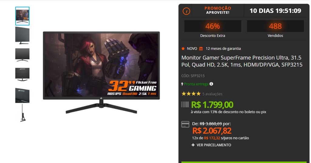 Monitor Gamer SuperFrame Precision Ultra, 31.5 Pol, Quad HD, 2.5K, 1ms ... Monitor Gamer SuperFrame Precision Ultra, 31.5 Pol, Quad HD, 2.5K, 1ms ...
