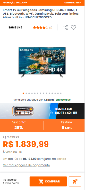 [PARCELADO] Smart TV 43 Polegadas Samsung UHD 4K, 3 HDMI, 1 USB, Bluetooth, Wi-Fi, Gaming Hub ...