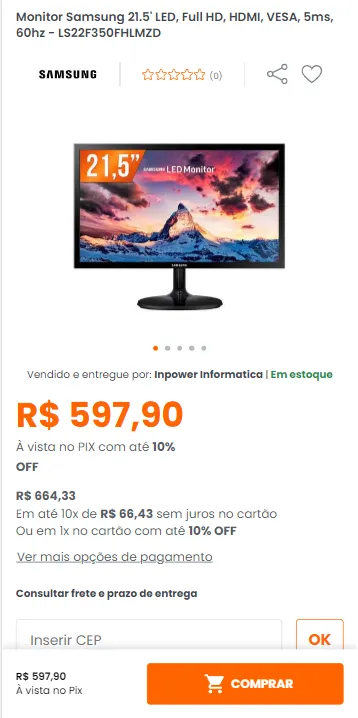 Monitor Samsung 21.5' LED, Full HD, HDMI, VESA, 5ms, 60hz ...