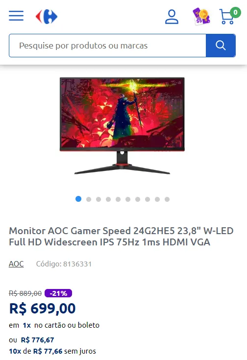 Monitor AOC Gamer Speed 24G2HE5 23,8" W-LED Full HD Widescreen IPS 75Hz ...