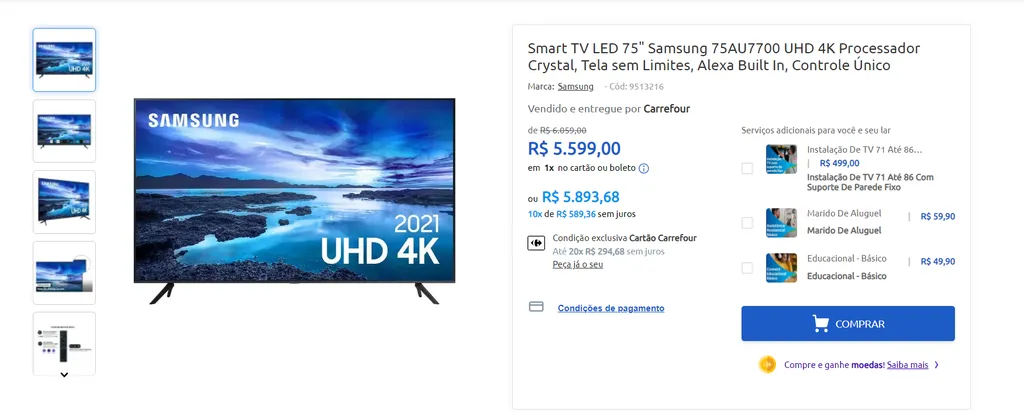 Smart TV LED 75" Samsung 75AU7700 UHD 4K Processador Crystal, Tela sem ...