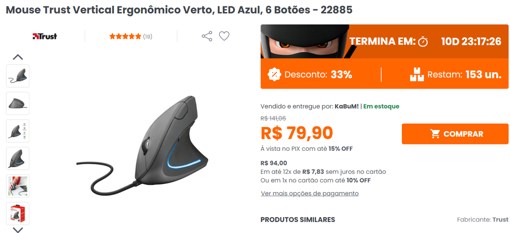 Mouse Trust Vertical Ergonômico Verto, LED Azul, 6 Botões - 22885 ...