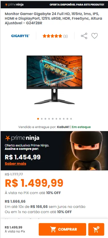 Monitor Gamer Gigabyte 24 Full HD, 165Hz, 1ms, IPS, HDMI e DisplayPort, 125% sRGB, HDR, FreeSync ...